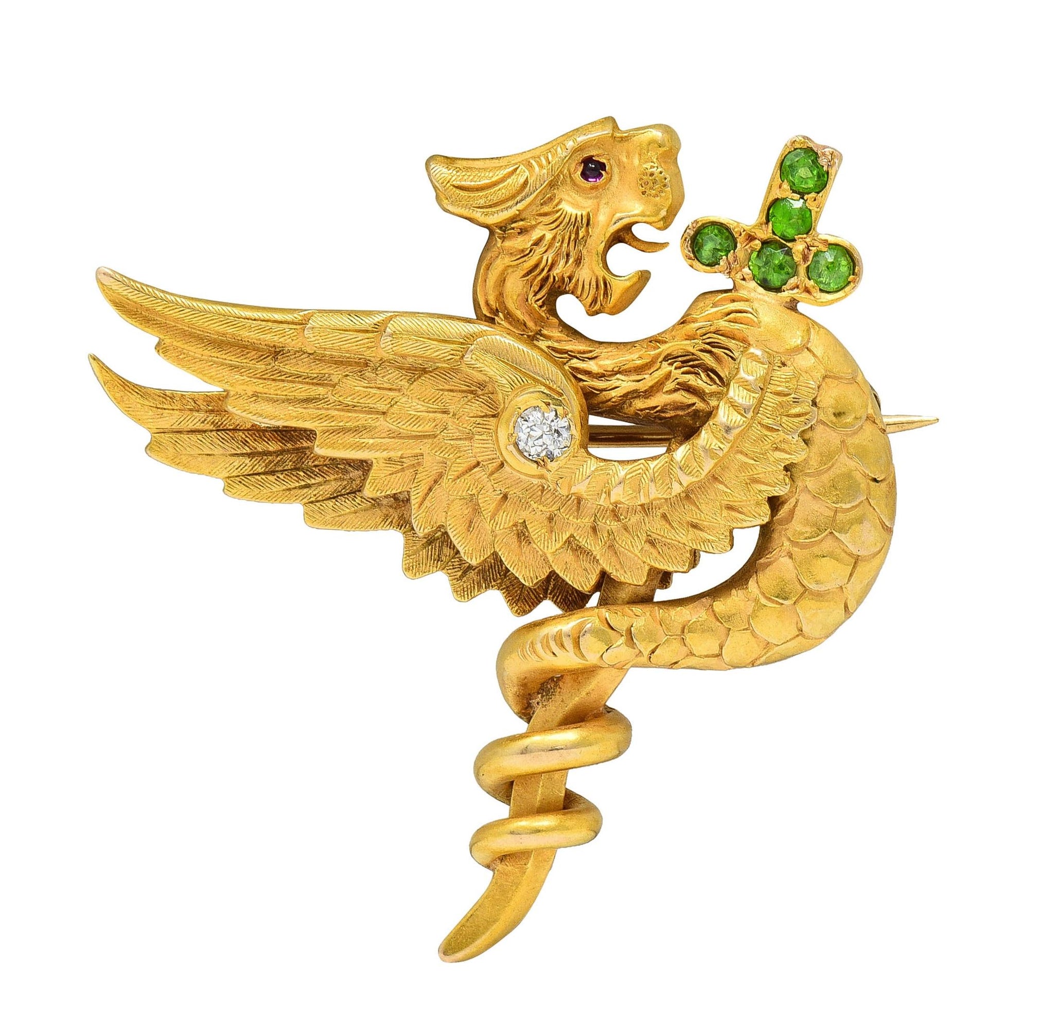 Riker Bros Art Nouveau Diamond Ruby Demantoid 14 Karat Gold Dragon Swo